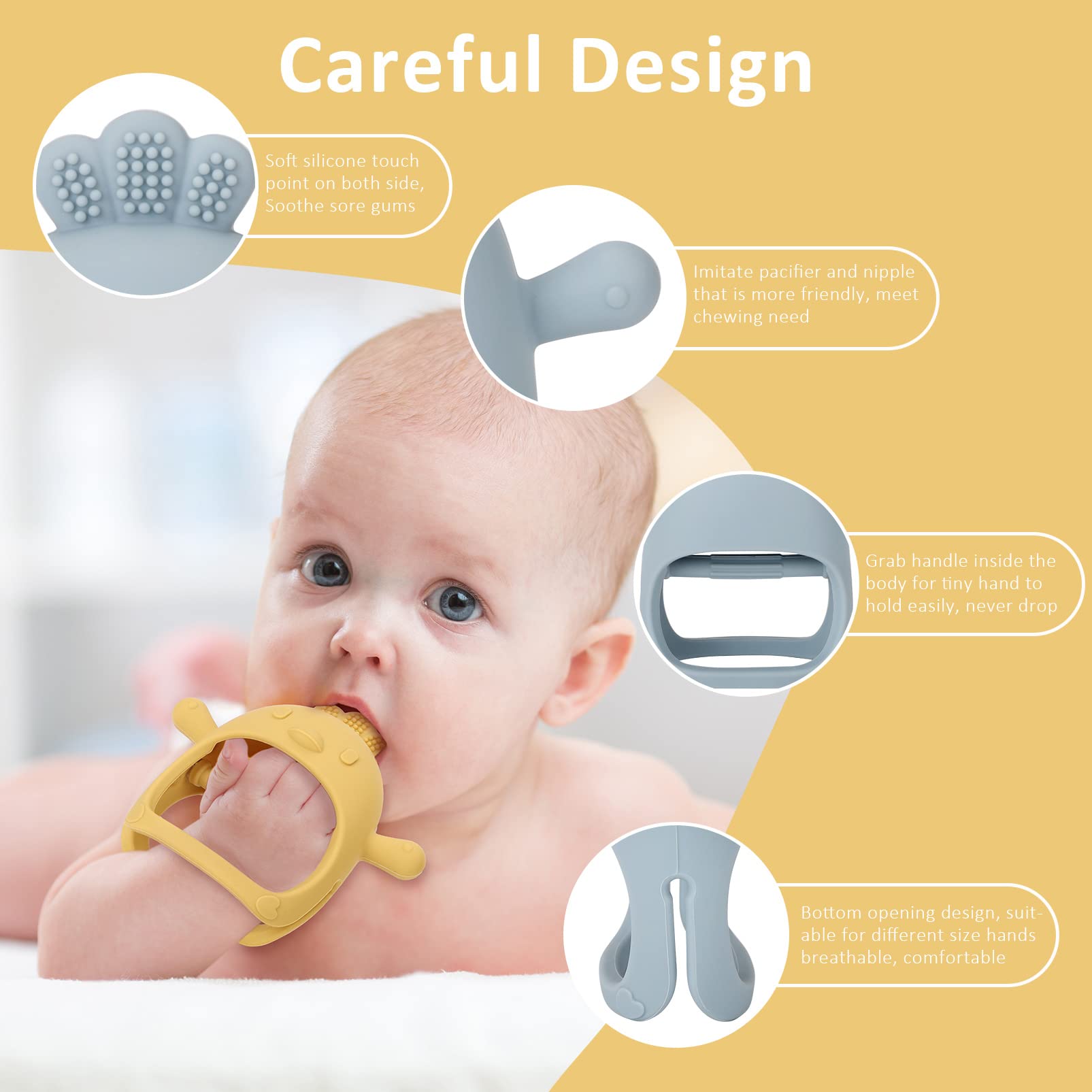 Socub Silicone Baby Teething Toy for Infants 3 Months+, BPA Free Never Drop Silicone Mitten Teether Toy for Soothing Sore Gums, Baby Chew Toys for Sucking Need (Beige