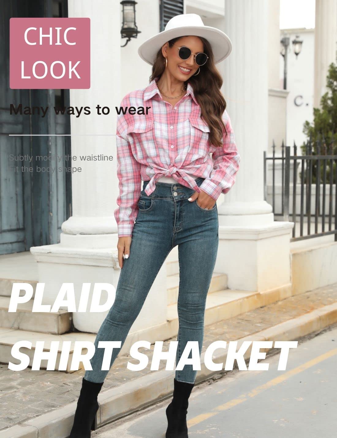 happlan Flannel Plaid Button Down Shirt Shacket Blouse Tops for Women Oversized(0392-Pink-3XL)
