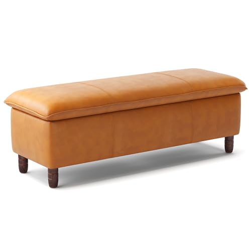 LUE BONA Storage Ottoman Bench, 49" Brown Faux Leather Storage End of Bed Bench, Modern Upholstered Window Bench with Thicker Seat/Nailhead Trim/Safety Hinge for Bedroom, Living Room, 300LB