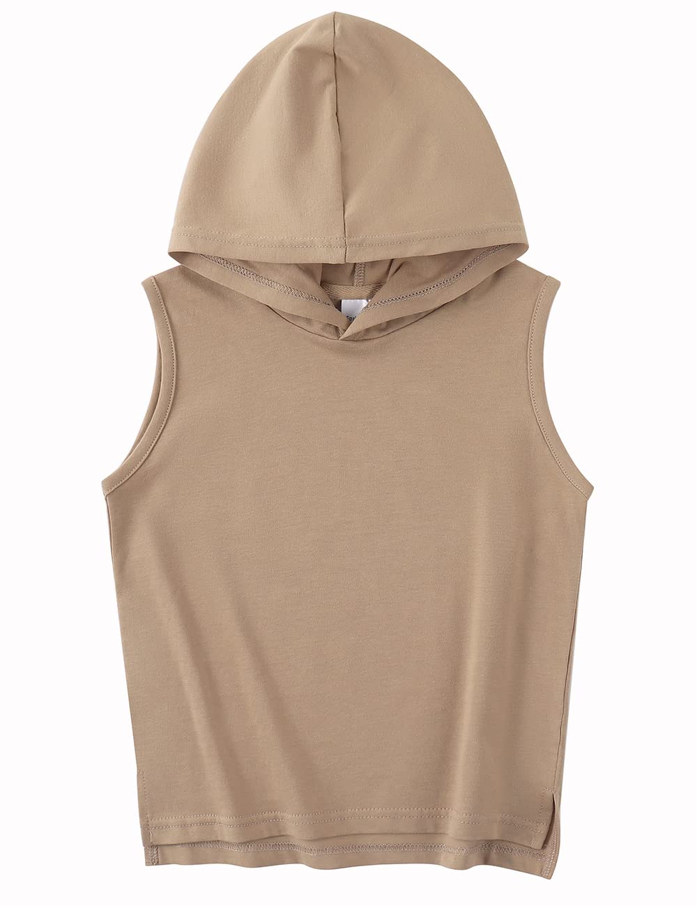 Spring&Gege Boys Hooded Tank Top Solid Basic Sleeveless Pullover Hoodie Uniform Workout Comfy T-Shirt, Khaki, 9-10 Years