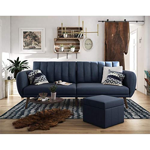Sofa Futon, Premium Linen Upholstery and Wooden Legs, Blue Linen