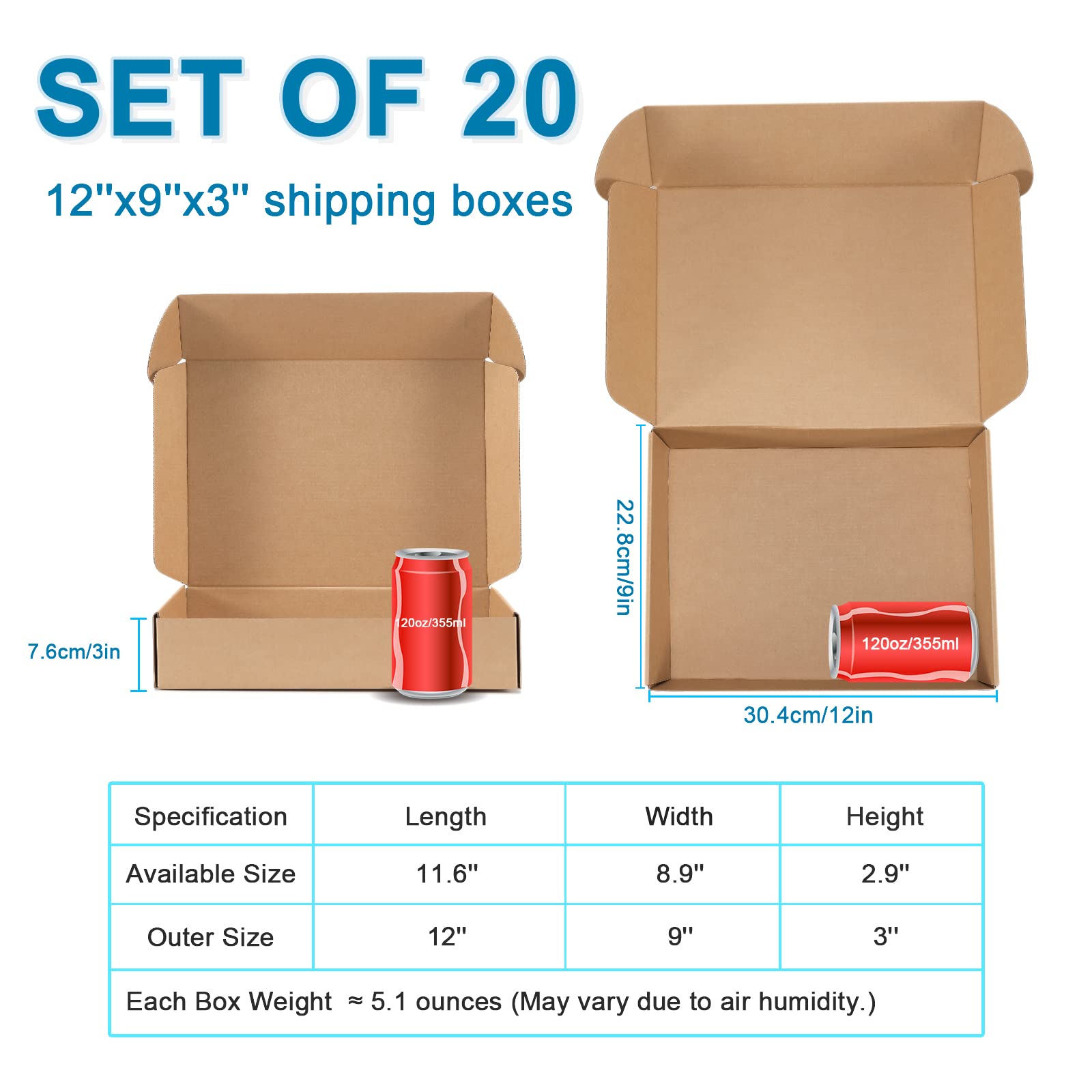 DUZCLI 12x9x3 Shipping Boxes - Set of 20, Medium Kraft Corrugated Cardboard Boxes for Small Business Supplies, Packing, Mailing and Gift Packaging
