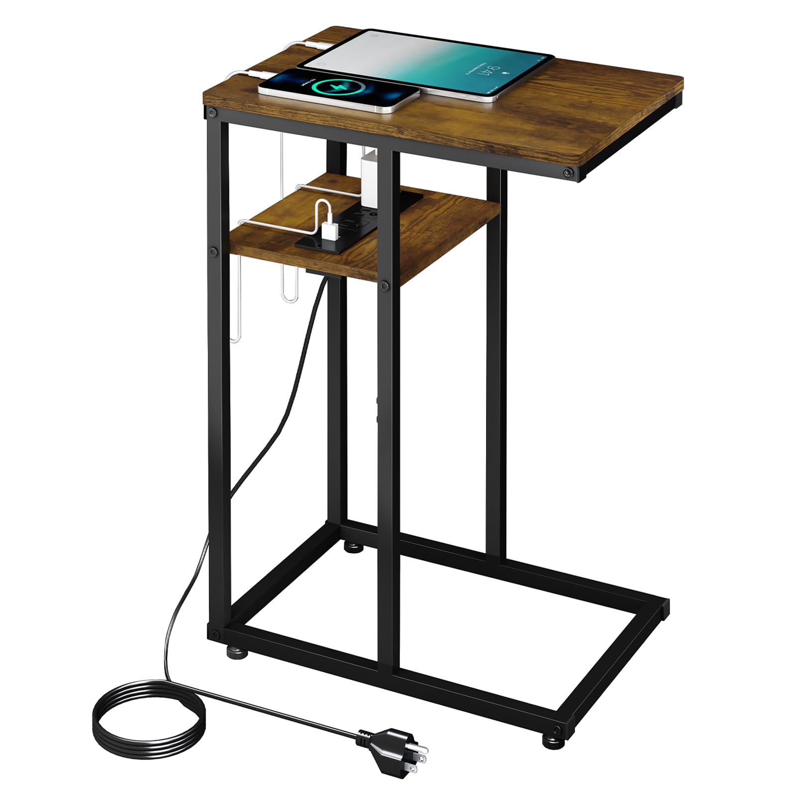 Fixwal Side Table, C Table End Table for Couch, Living Room Side Table with Charging Station, Bedroom Side Table, Living Room Coffee Table, Sofa Table