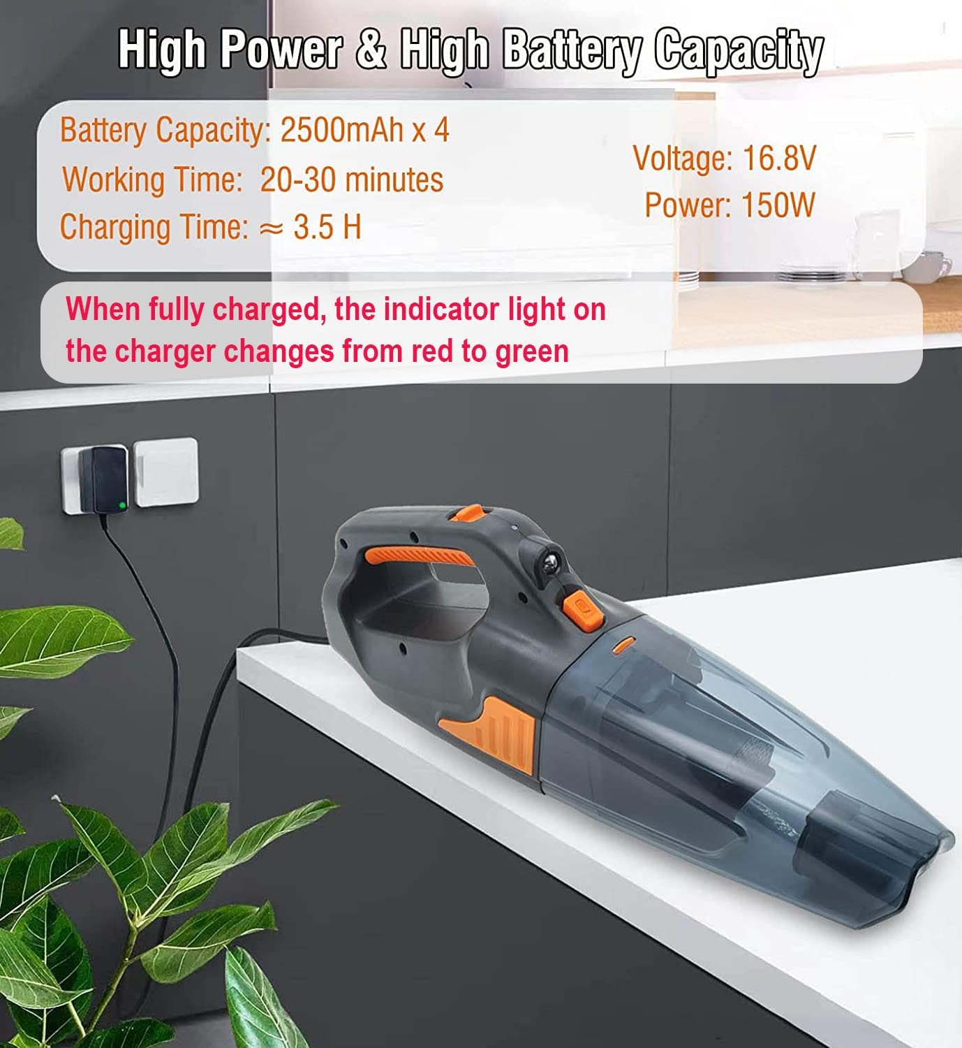 Fedemer Handheld Vacuum Cleaner, 16000PA Powerful Suction Cordless Rechargeable, for Car Home Office Cleaning with LED Light GV03 Black/Orange