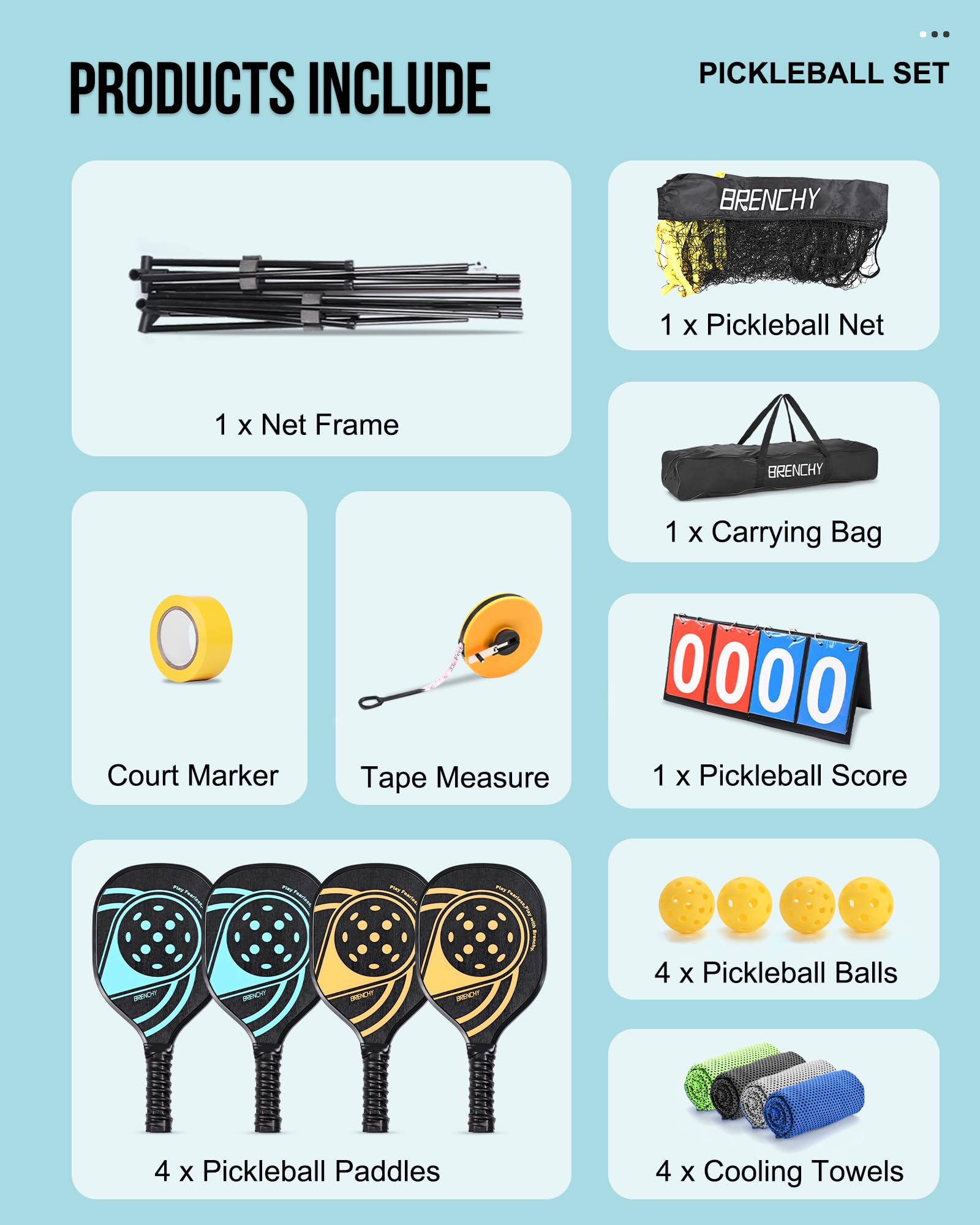 Pickleball Set with Net, Pickleball Net Set, Pickleball Set with Net (17ft) and 4 Pickleball Paddles, Includes 4 Pickleball Balls, 4 Cooling Towels, 1 Scoreboard, 1 Court Marker, 1 Tape Measure