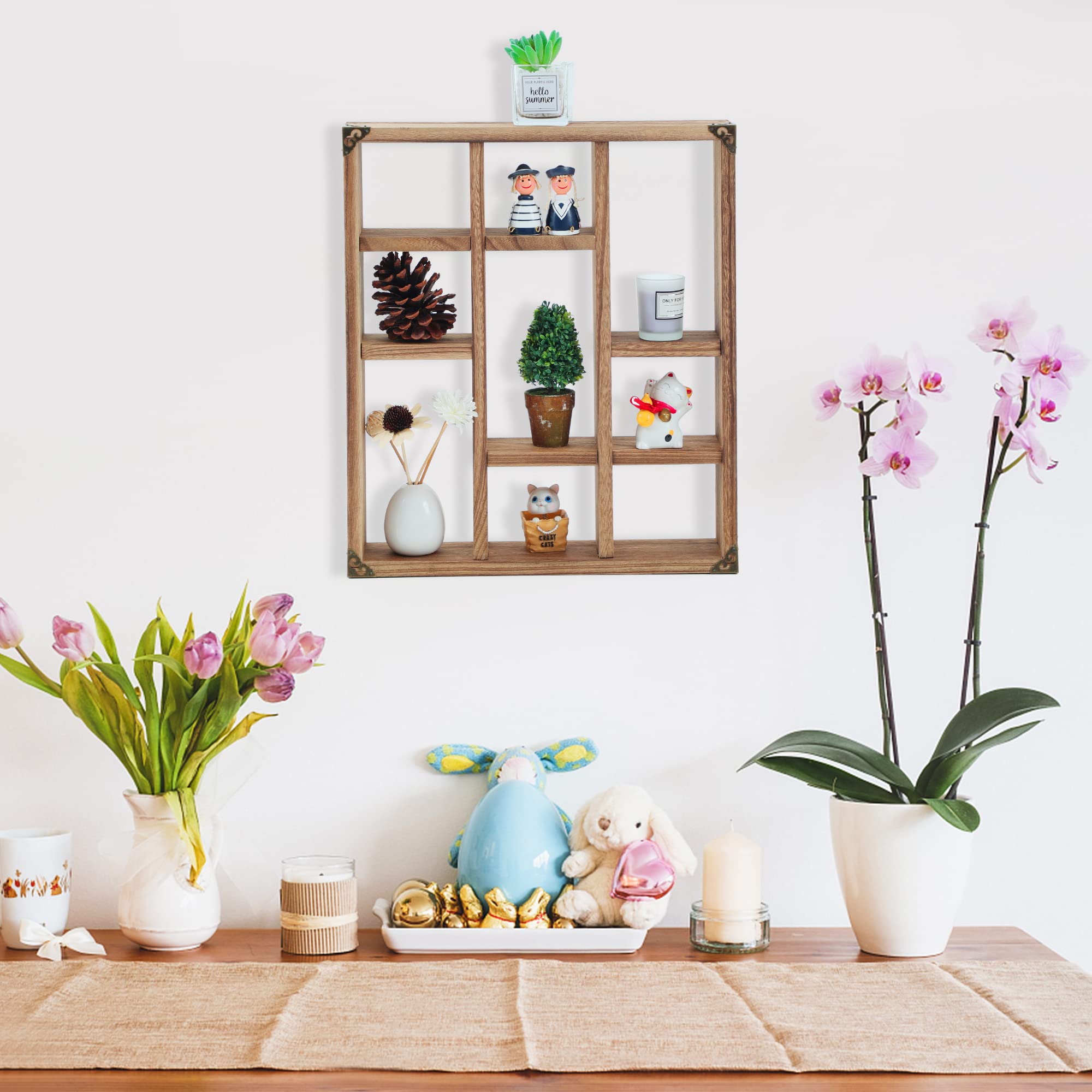 FIRMINANA Rustic Shadow Box Shelf,17.7x15.7-Inch Wall-Mounted (Vertical or Horizontal),9-Slot Rustic Wood Floating Shelves,Lightweight Solid Wood Display Shelf for Shot Glass (Brown)