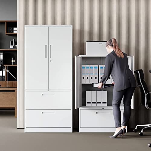 ZAOUS File Cabinet 2 Drawer, Metal File Cabinet with Lock, Lateral Filing Cabinet with Doors & Adjustable Shelves for Home Office, Living Room, Pantry, Gym, Basement, Warehouse, White