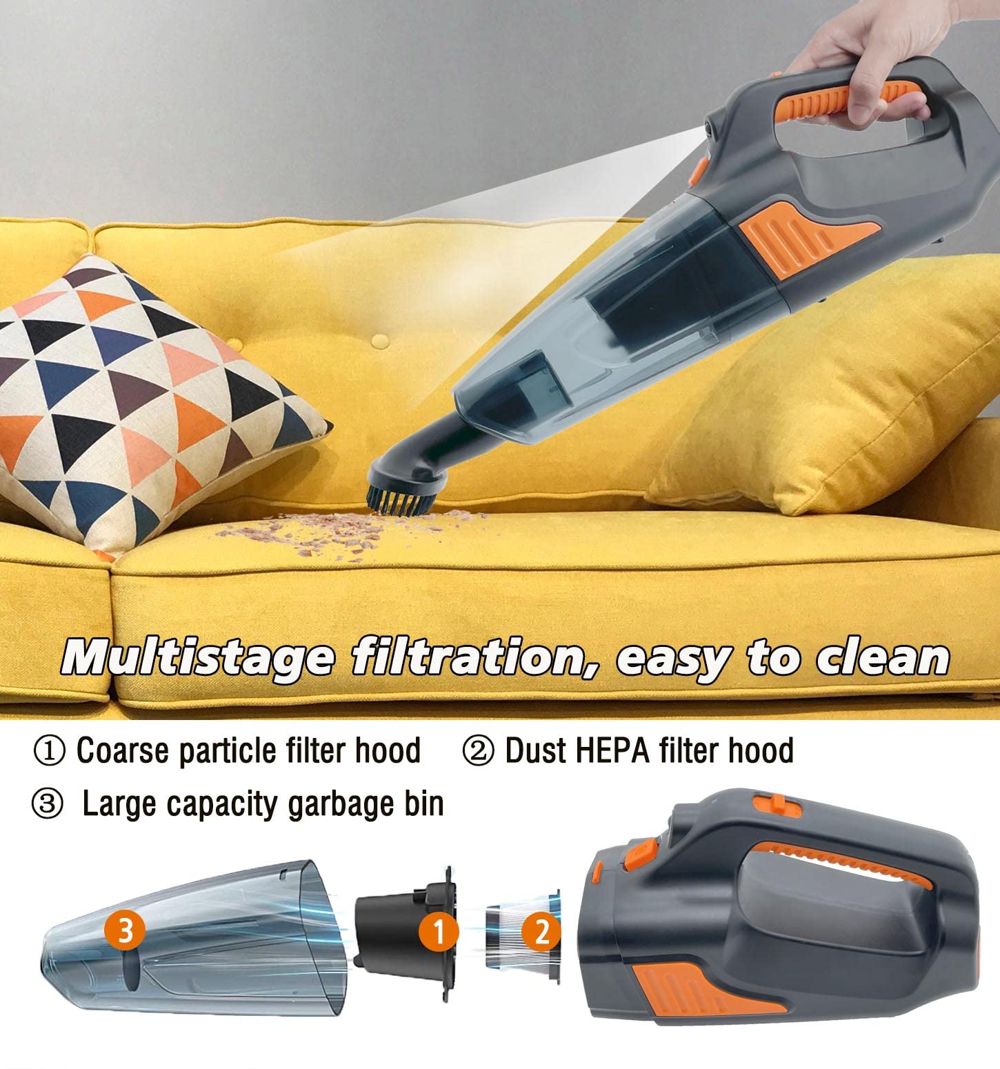 Fedemer Handheld Vacuum Cleaner, 16000PA Powerful Suction Cordless Rechargeable, for Car Home Office Cleaning with LED Light GV03 Black/Orange