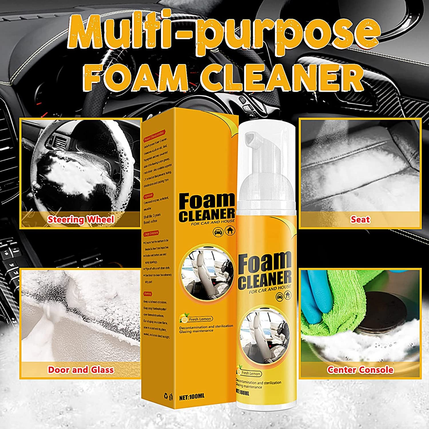 Car Foam Cleaner, Car Magic Foam Cleaner, Foam Cleaner All Purpose, Multi purpose Foam Cleaner for Car Detailing, Stain-Removing Foam Cleaner for Car Seats and Upholstery - 100 ml