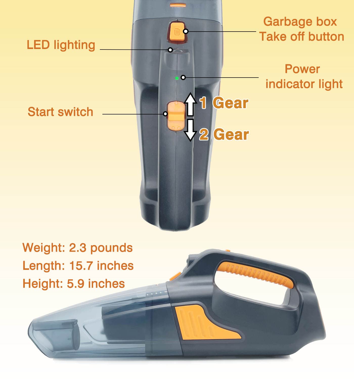 Fedemer Handheld Vacuum Cleaner, 16000PA Powerful Suction Cordless Rechargeable, for Car Home Office Cleaning with LED Light GV03 Black/Orange