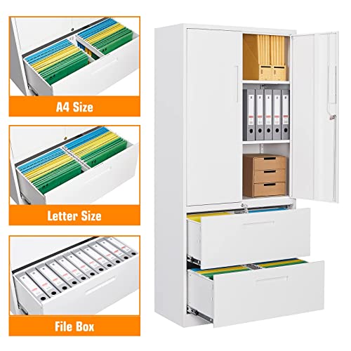 ZAOUS File Cabinet 2 Drawer, Metal File Cabinet with Lock, Lateral Filing Cabinet with Doors & Adjustable Shelves for Home Office, Living Room, Pantry, Gym, Basement, Warehouse, White