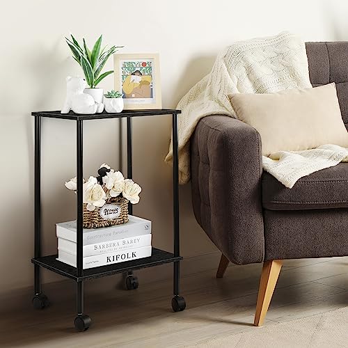 Vrisa End Table Set of 2 Side Table Livingroom Bedside Tables for Small Spaces Nightstands Set of 2 Small Narrow End Table with Wheels 2-Tier Space Saving for Living Room Bedroom Office, Black
