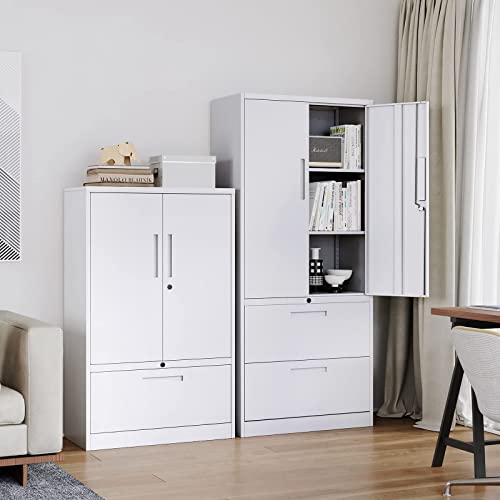 ZAOUS File Cabinet 2 Drawer, Metal File Cabinet with Lock, Lateral Filing Cabinet with Doors & Adjustable Shelves for Home Office, Living Room, Pantry, Gym, Basement, Warehouse, White