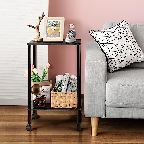Vrisa End Table Set of 2 Side Table Livingroom Bedside Tables for Small Spaces Nightstands Set of 2 Small Narrow End Table with Wheels 2-Tier Space Saving for Living Room Bedroom Office, Black