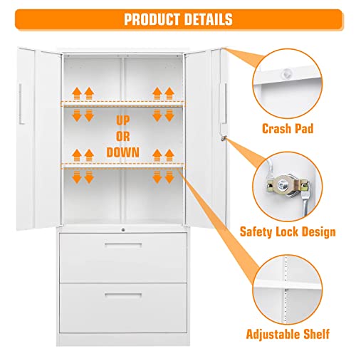 ZAOUS File Cabinet 2 Drawer, Metal File Cabinet with Lock, Lateral Filing Cabinet with Doors & Adjustable Shelves for Home Office, Living Room, Pantry, Gym, Basement, Warehouse, White