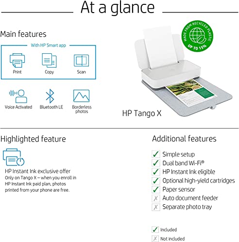 PC Universal Tango X Smart Wireless Printer with Indigo Linen -Cover β Mobile Remote Print, Scan, Copy, HP Instant Ink 3-Port USB Charger
