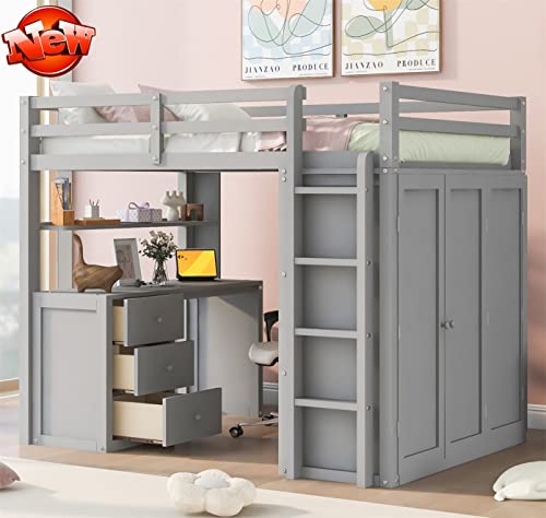SNIFIT Latest Upgraded & Stronger Solid Wood Full Size Loft Bed with Desk Underneath & Storage Drawers & Shelf & Wardrobe, Thickened Enhanced Wooden Full Loft Bed Frame (Easier to Assemble) (Gray)
