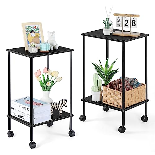 Vrisa End Table Set of 2 Side Table Livingroom Bedside Tables for Small Spaces Nightstands Set of 2 Small Narrow End Table with Wheels 2-Tier Space Saving for Living Room Bedroom Office, Black