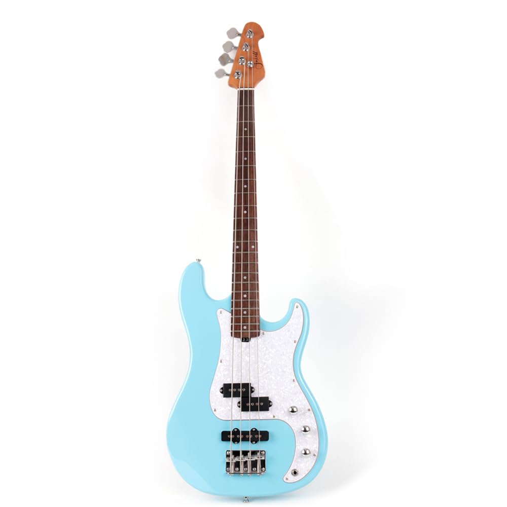 Fojill Full Size Standard Electric Bass Guitar Four 4 String Right Hand Handed Basswood Body Roasted Canadian Maple Neck Genuine Rosewood Fretboard Fingerboard with Gig Bag (Blue)