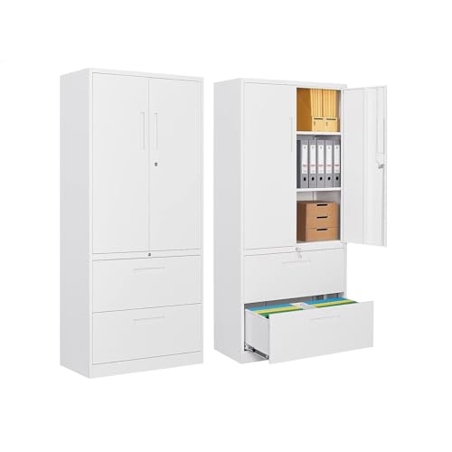 ZAOUS File Cabinet 2 Drawer, Metal File Cabinet with Lock, Lateral Filing Cabinet with Doors & Adjustable Shelves for Home Office, Living Room, Pantry, Gym, Basement, Warehouse, White