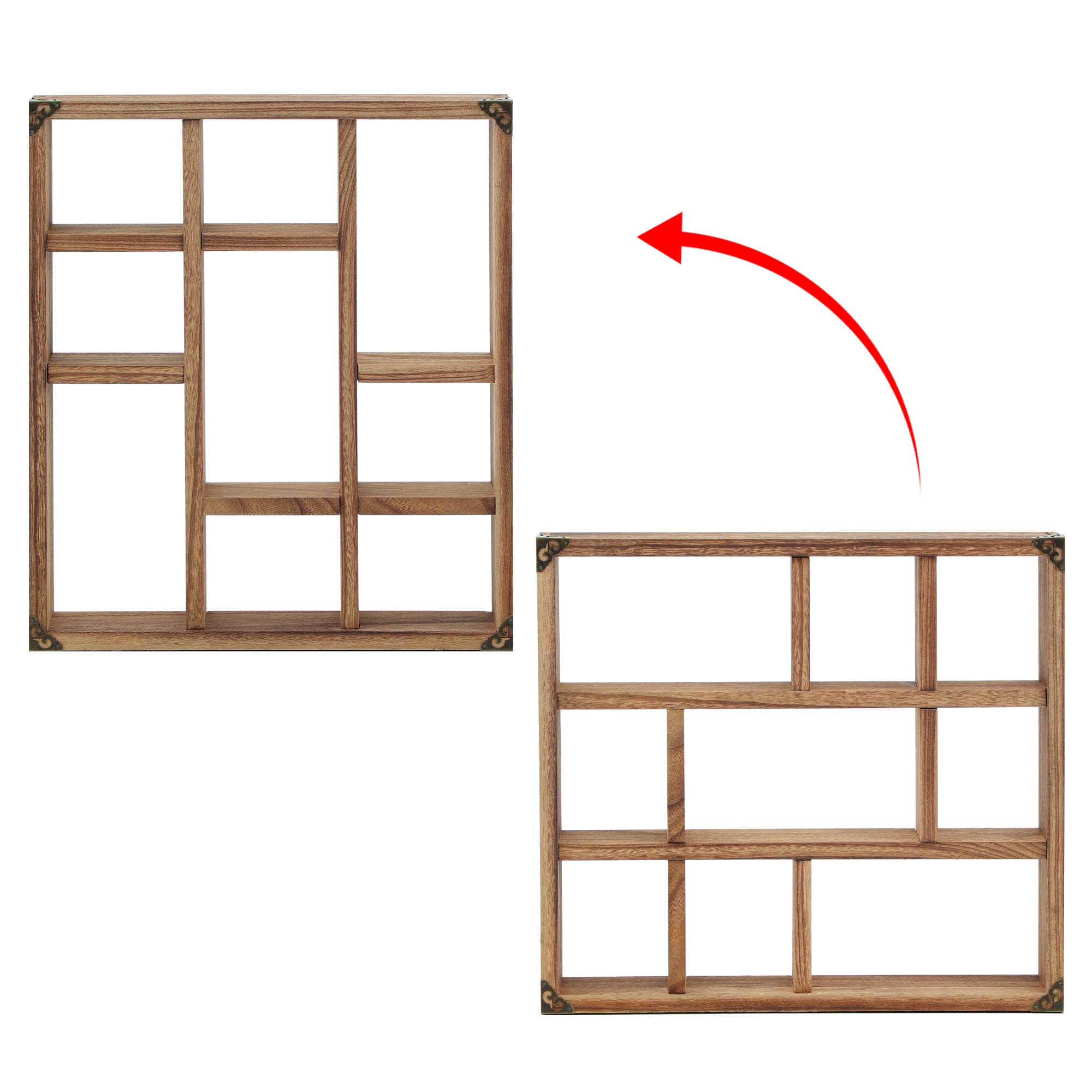 FIRMINANA Rustic Shadow Box Shelf,17.7x15.7-Inch Wall-Mounted (Vertical or Horizontal),9-Slot Rustic Wood Floating Shelves,Lightweight Solid Wood Display Shelf for Shot Glass (Brown)