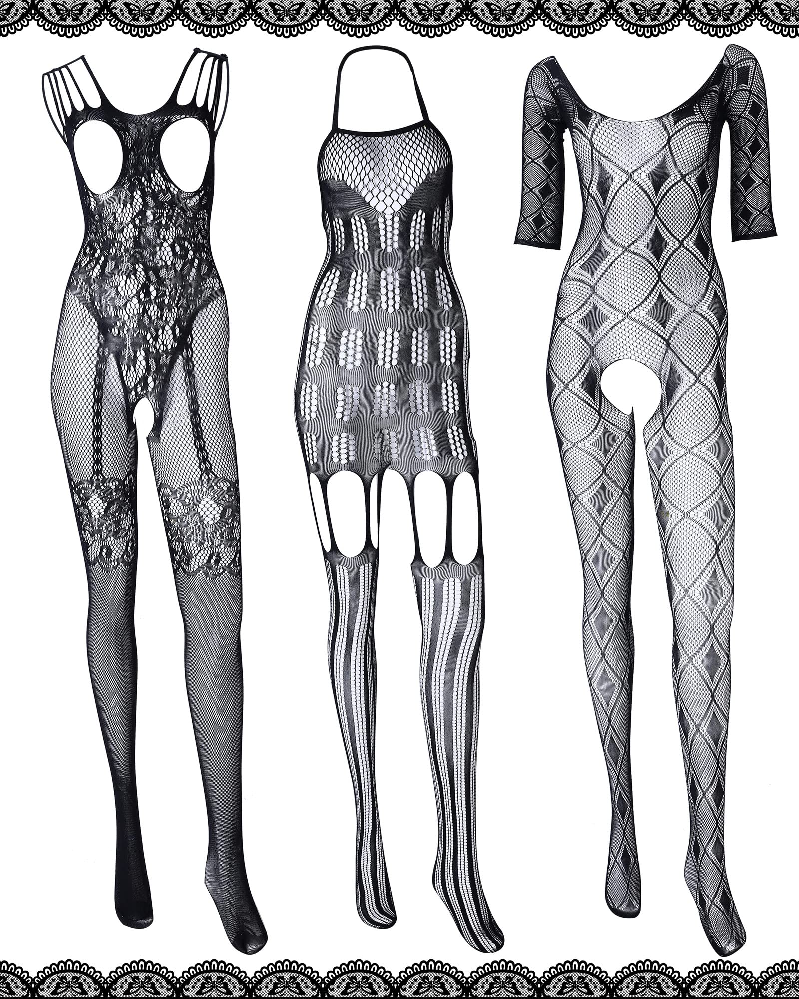 12 Pieces Women's Fishnet Lingerie Mesh Bodysuit Lace Smock Lingerie for Women (Fresh Style)