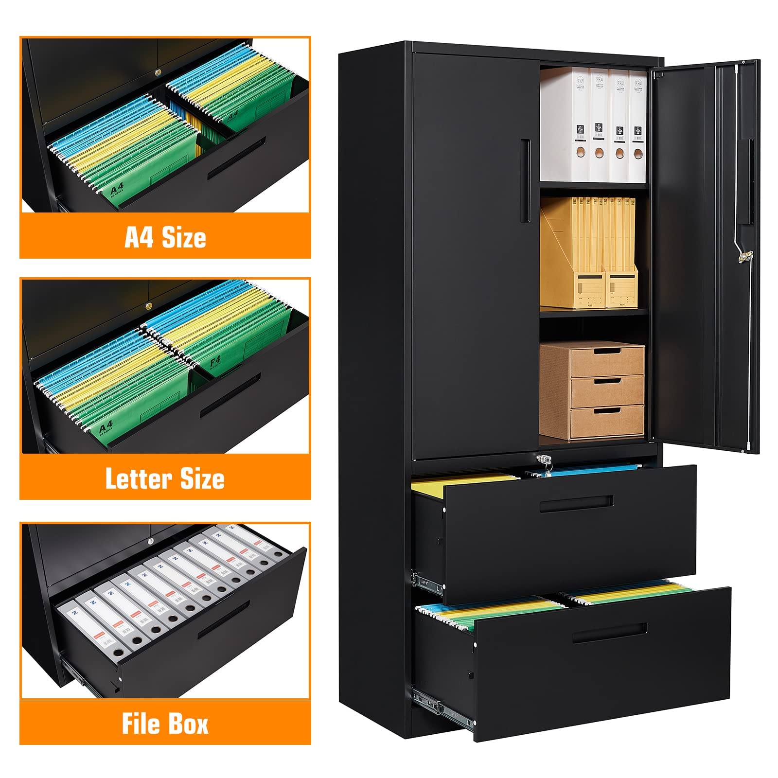 ZAOUS File Cabinet 2 Drawer, Metal File Cabinet with Lock, Lateral Filing Cabinets with Doors & Adjustable Shelves for Home Office, Living Room, Pantry, Gym, Basement, Warehouse, Black