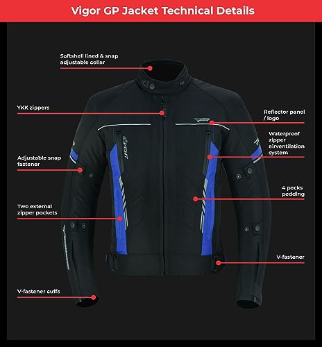 RS Motosports All Season Racing Motorbike Jacket for Men Water Proof & Breathable Motorcycle Jacket with Textile Fabric (US, Alpha, Large, Regular, Regular, Blue)
