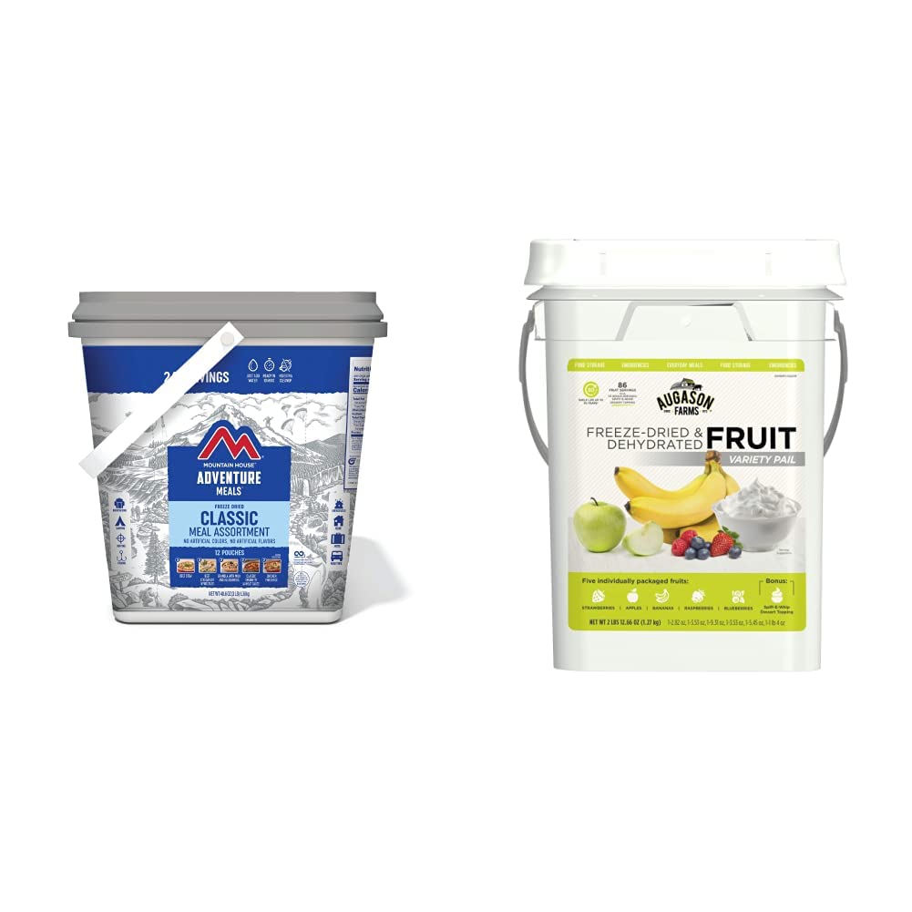 Mountain House Classic Bucket | Freeze Dried Backpacking & Camping Food | 24 Servings & Augason Farms Dehydrated and Freeze-Dried Fruit Variety Pail, 25-Year Shelf Life, Emergency Food Supply