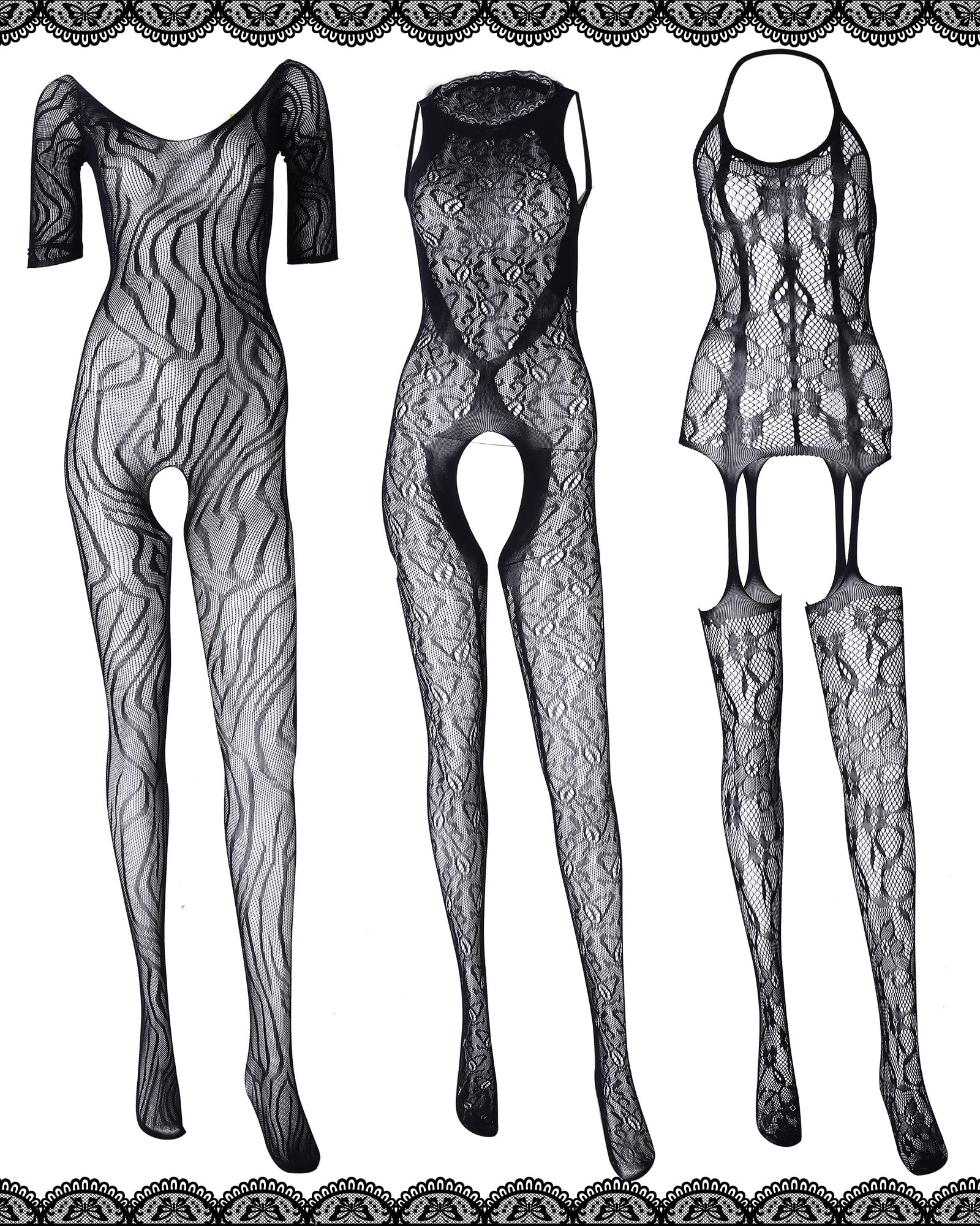 12 Pieces Women's Fishnet Lingerie Mesh Bodysuit Lace Smock Lingerie for Women (Fresh Style)