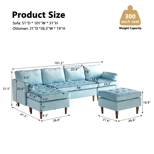 ORRD U-Shape Convertible Sectional Sofa, Modular Sleeper Couch Chaise Modern 6 Seater Velvet Sofa for Living Room, Bedroom, Apartment (Light Blue)