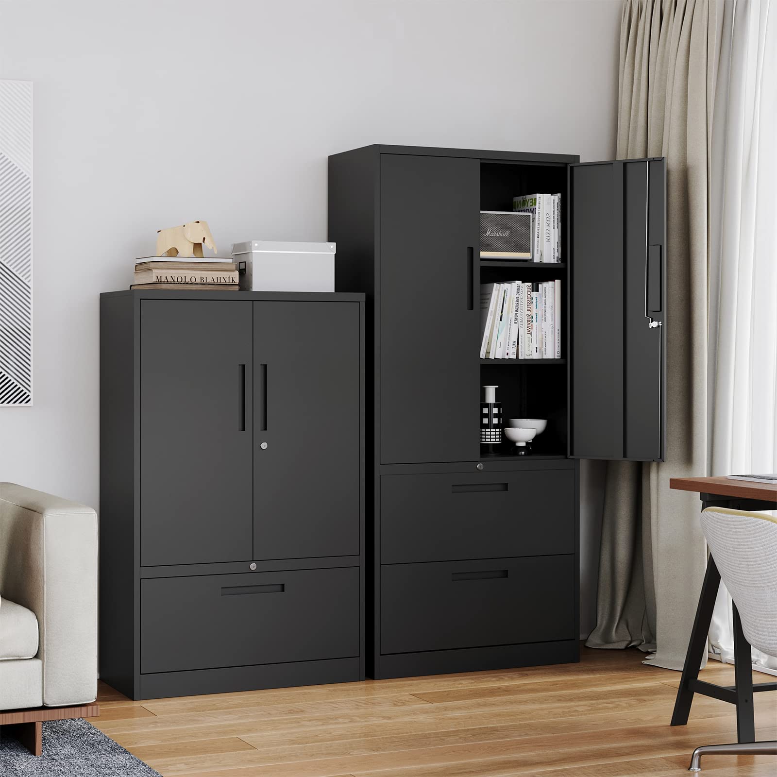 ZAOUS File Cabinet 2 Drawer, Metal File Cabinet with Lock, Lateral Filing Cabinets with Doors & Adjustable Shelves for Home Office, Living Room, Pantry, Gym, Basement, Warehouse, Black