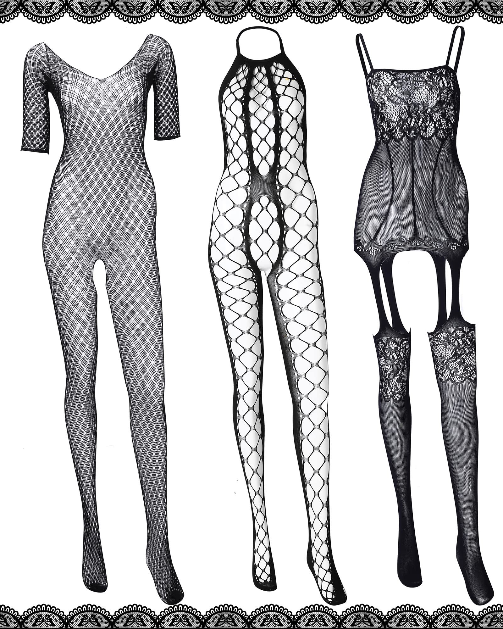12 Pieces Women's Fishnet Lingerie Mesh Bodysuit Lace Smock Lingerie for Women (Fresh Style)