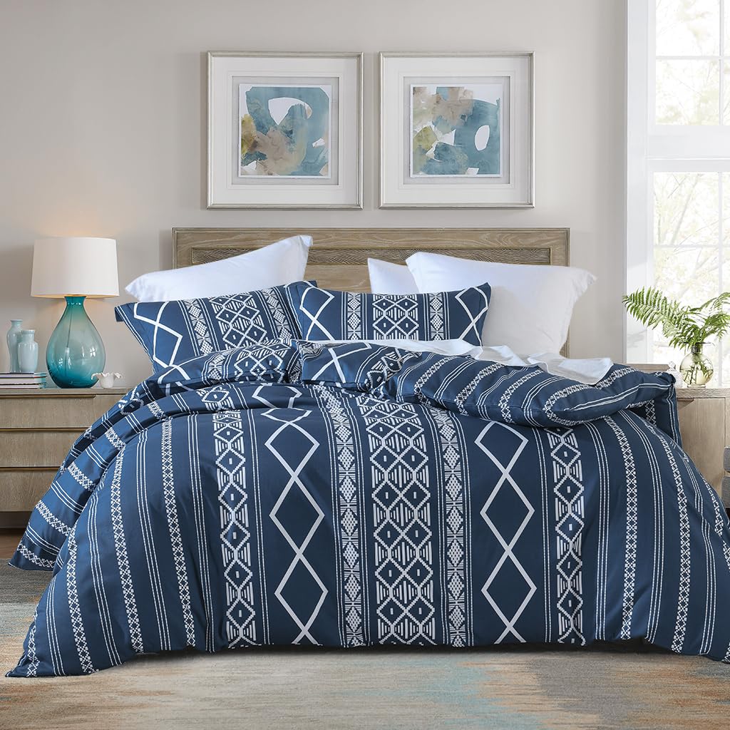 DUOMING Boho Duvet Cover Queen - 100% Cotton Navy Duvet Cover Set, Navy Blue Queen Duvet Cover with Zipper Closure & 8 Ties, 3 Piece Bohemian Duvet Cover Queen Set