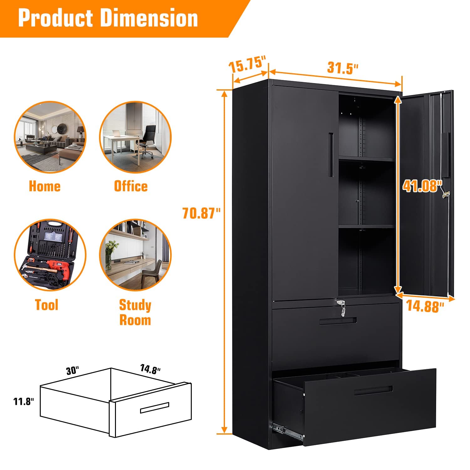 ZAOUS File Cabinet 2 Drawer, Metal File Cabinet with Lock, Lateral Filing Cabinets with Doors & Adjustable Shelves for Home Office, Living Room, Pantry, Gym, Basement, Warehouse, Black
