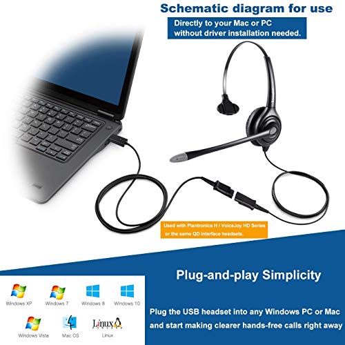Call Center Office Headset Quick Disconnect QD Cable to USB Plug Adapter for Plantronics Headset QD Connector Plug to Any Computer Laptop VOIP Softphone