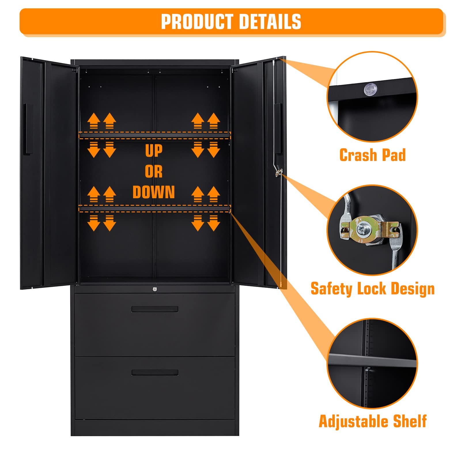 ZAOUS File Cabinet 2 Drawer, Metal File Cabinet with Lock, Lateral Filing Cabinets with Doors & Adjustable Shelves for Home Office, Living Room, Pantry, Gym, Basement, Warehouse, Black