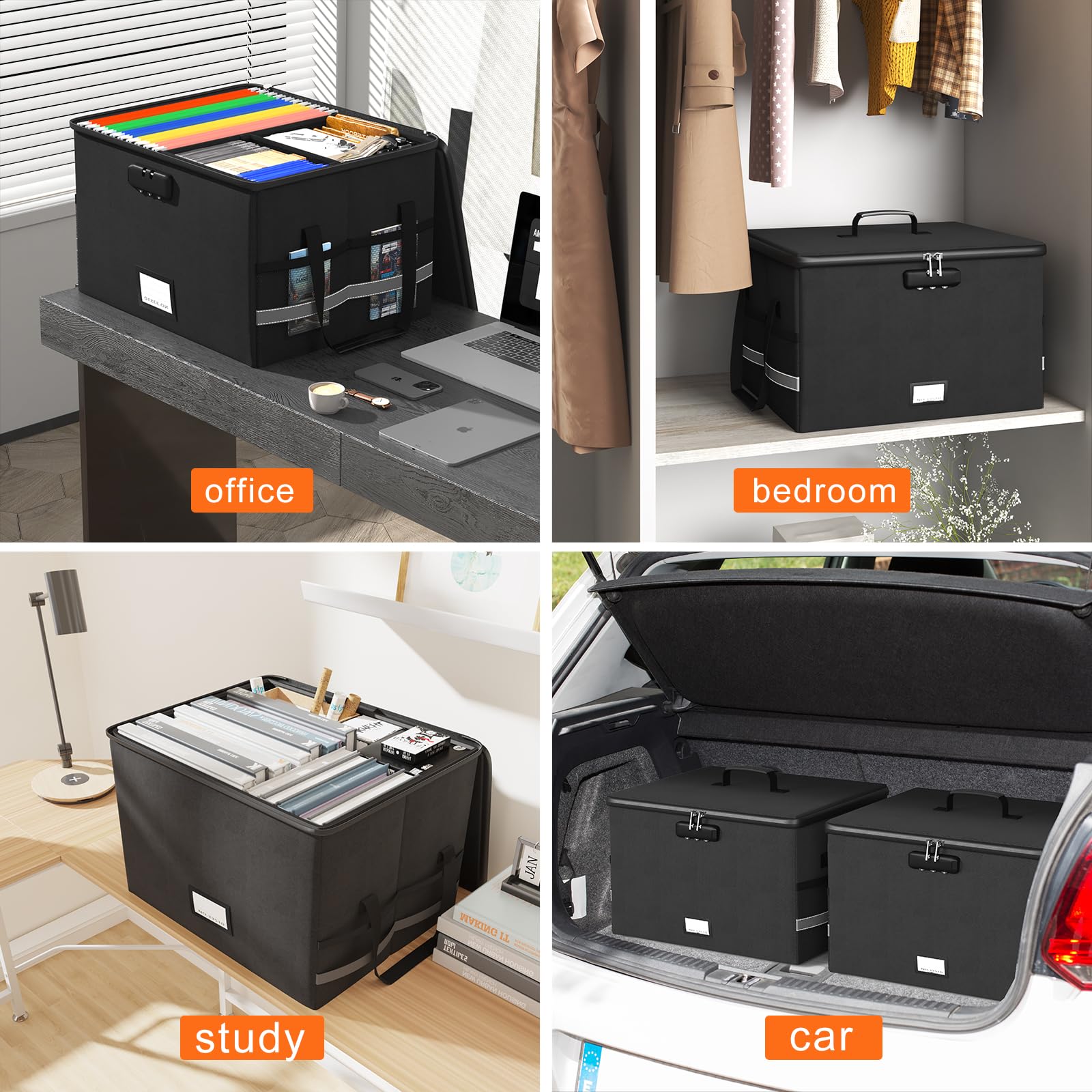 Raybee File Box Fireproof Document Box with Lock Portable File Storage Organizer Box with Mesh Pockets Collapsible Filling Box with Handle Home Office Safe File Cabinet for Hanging Letter