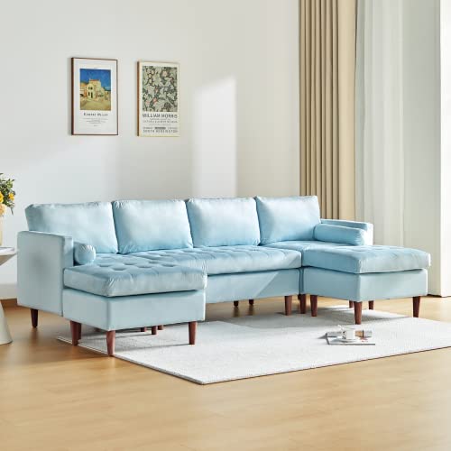 ORRD U-Shape Convertible Sectional Sofa, Modular Sleeper Couch Chaise Modern 6 Seater Velvet Sofa for Living Room, Bedroom, Apartment (Light Blue)