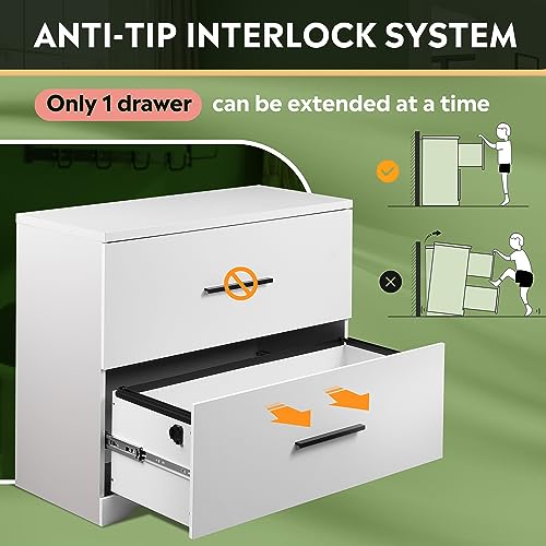 DEVAISE 2 Drawer Wood Lateral File Cabinet with Anti-tilt Mechanism, Storage Filing Cabinet for Home Office, White