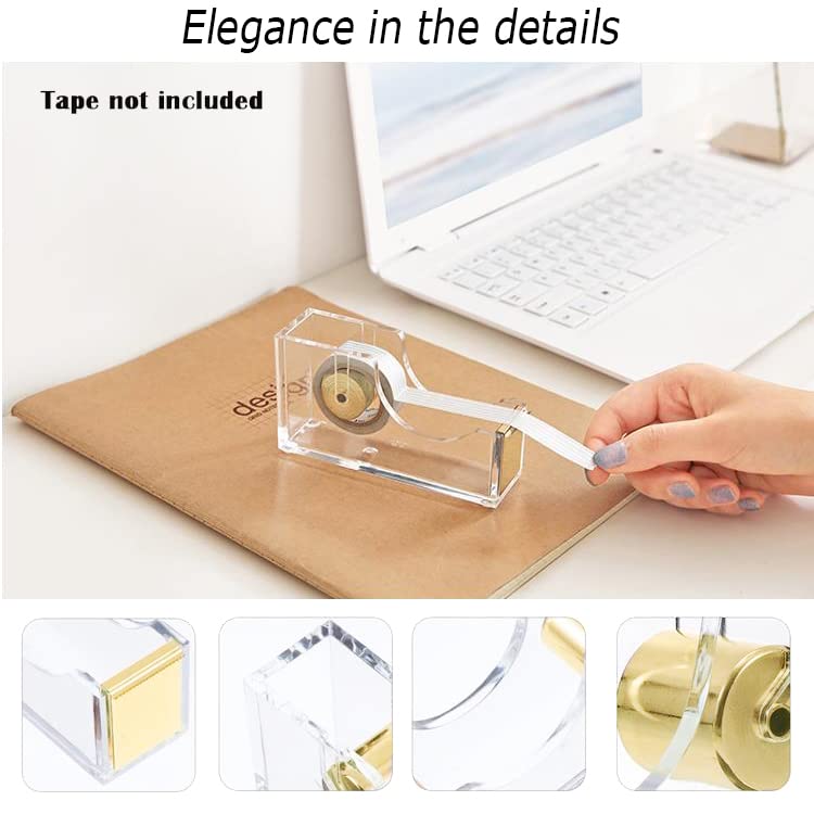 Gold Desk Accessories, Acrylic Stapler, Staple Remover, Tape Holder, Pen Holder, Ballpoint Pen, Scissor, Binder Clips, Staples, Phone Holder, Ruler, Transparent Glue and Sticky Notes