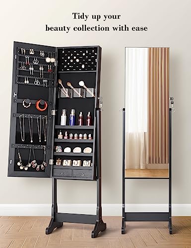 Nicetree Jewelry Cabinet with Full-Length Mirror, Standing Lockable Jewelry Armoire Mirror Organizer, 3 Angel Adjustable, Black