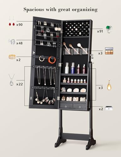 Nicetree Jewelry Cabinet with Full-Length Mirror, Standing Lockable Jewelry Armoire Mirror Organizer, 3 Angel Adjustable, Black