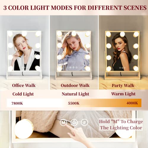 Acoolda Vanity Mirror with Lights, Hollywood Lighted Makeup Mirror with 9 Dimmable LED Bulbs, 3 Color Lighting Modes, Detachable 10X Magnification, 360°Rotation,White