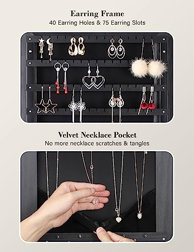 Nicetree Jewelry Cabinet with Full-Length Mirror, Standing Lockable Jewelry Armoire Mirror Organizer, 3 Angel Adjustable, Black
