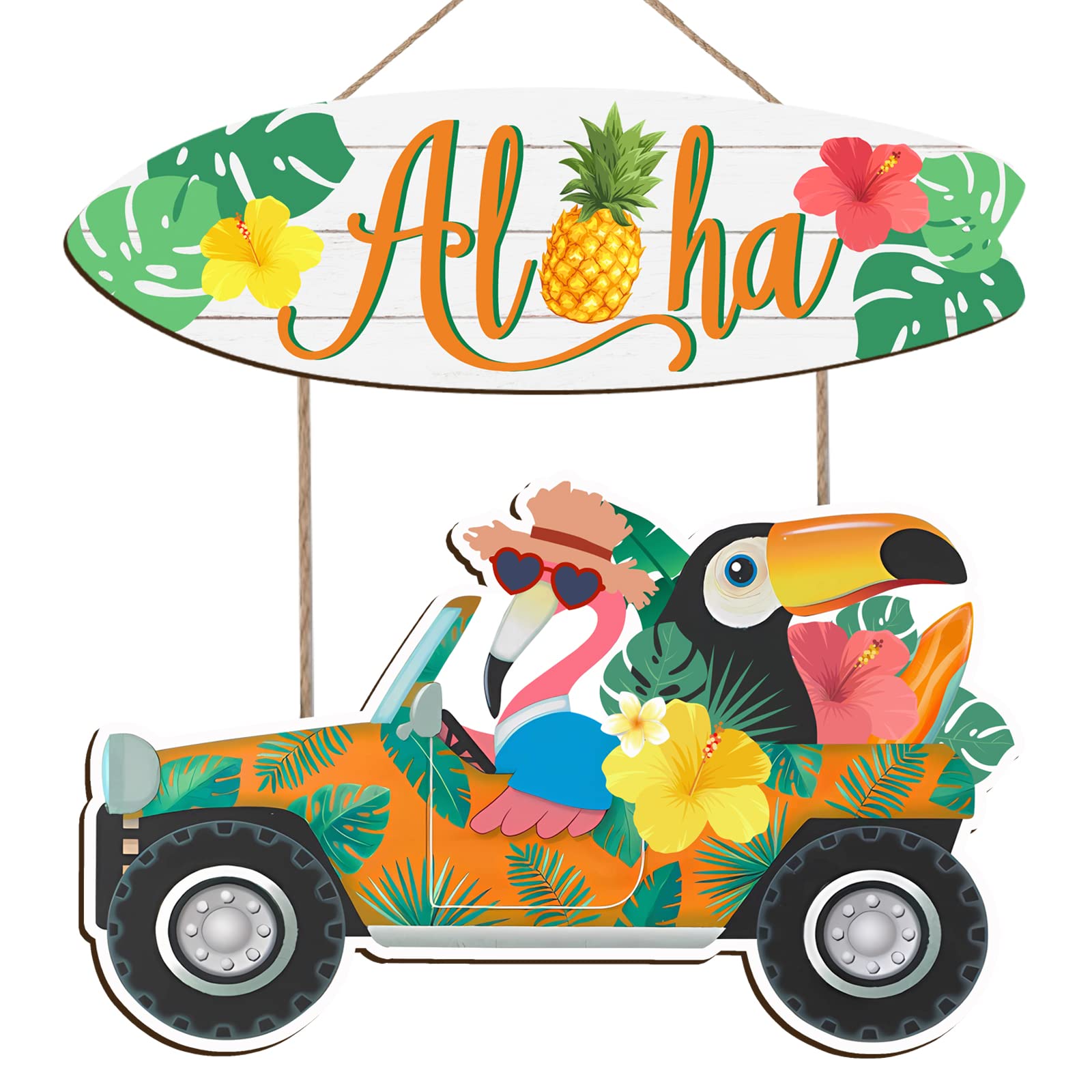 POILKMNI Hawaii Summer Door Wooden Sign Surfboard Aloha Signs Hanger Tropical Welcome Hanging for Front Porch Bedroom Living Room Kitchen Home Wall Decor Green/Yellow/White