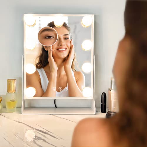 Acoolda Vanity Mirror with Lights, Hollywood Lighted Makeup Mirror with 9 Dimmable LED Bulbs, 3 Color Lighting Modes, Detachable 10X Magnification, 360°Rotation,White