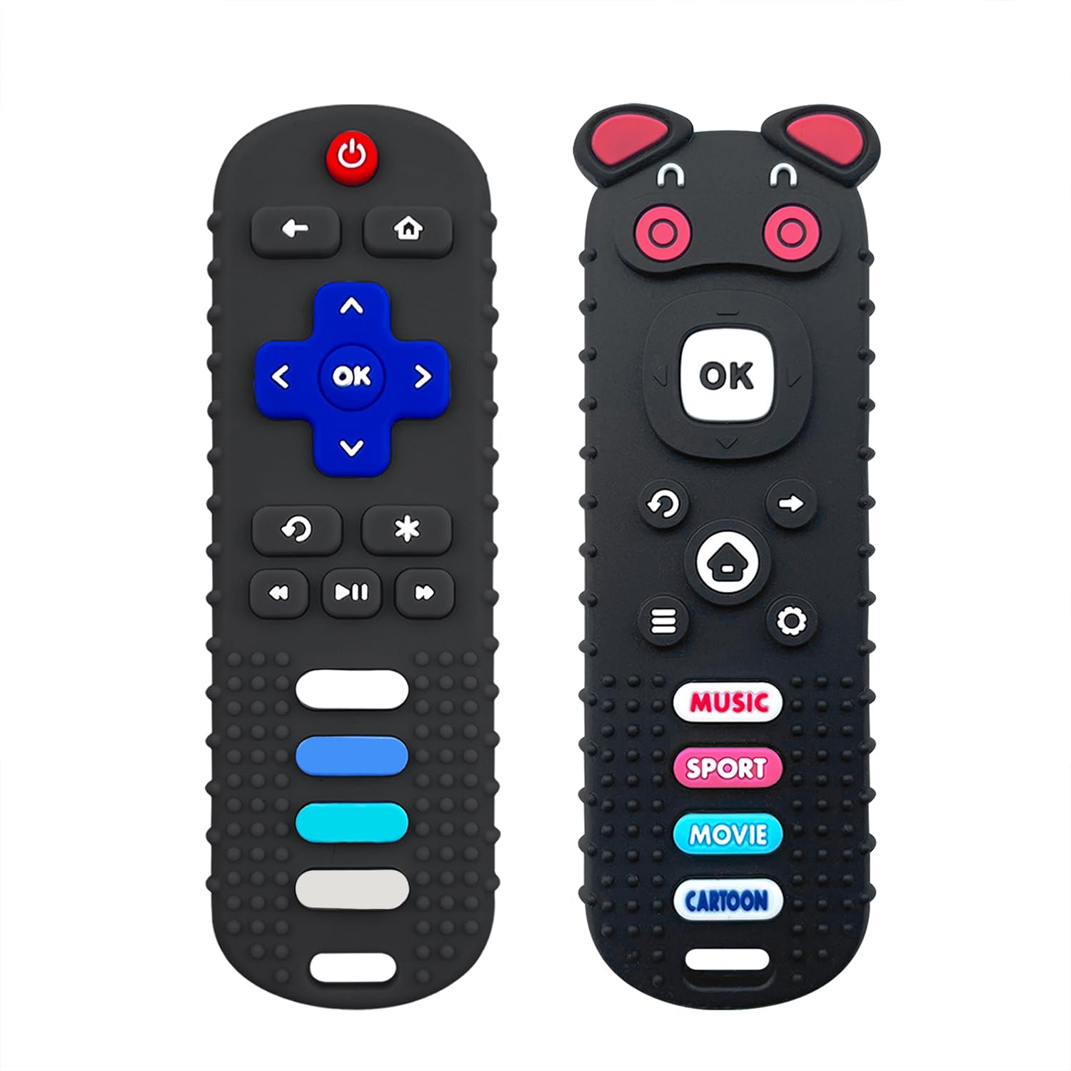 ROBBEAR Baby Teething Toys, Food Grade Silicone Teethers for Babies 3 6 12 18 Months, Fire TV Remote Shape Infant Chew Toys for Boys and Girls, Freezer BPA Free (Pig Black + RTV Black)