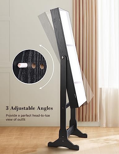 Nicetree Jewelry Cabinet with Full-Length Mirror, Standing Lockable Jewelry Armoire Mirror Organizer, 3 Angel Adjustable, Black
