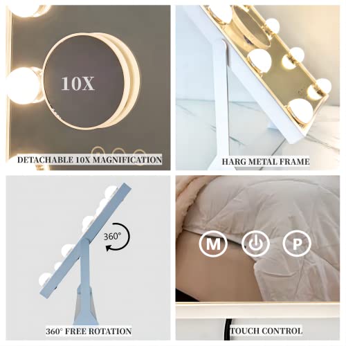 Acoolda Vanity Mirror with Lights, Hollywood Lighted Makeup Mirror with 9 Dimmable LED Bulbs, 3 Color Lighting Modes, Detachable 10X Magnification, 360°Rotation,White